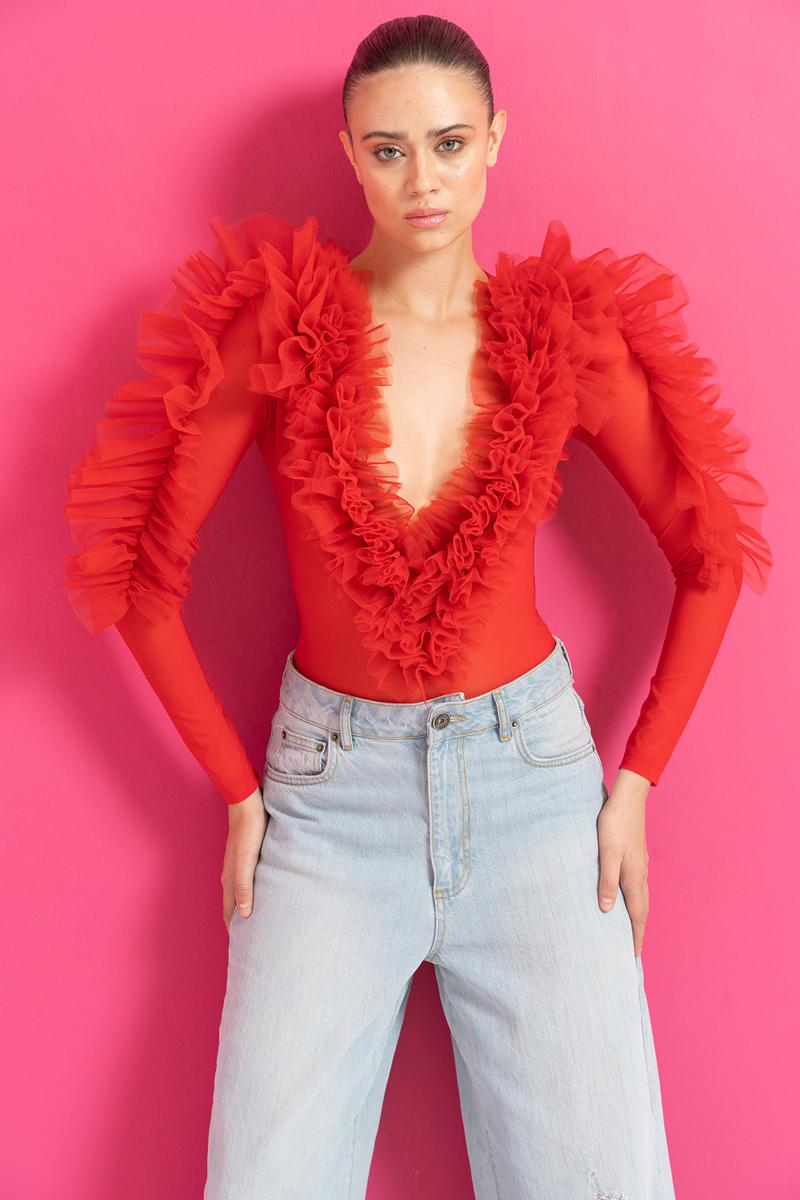 Jessica Bara Heraya Deep V-Neck Ruffle Bodysuit – JESSICA BARA