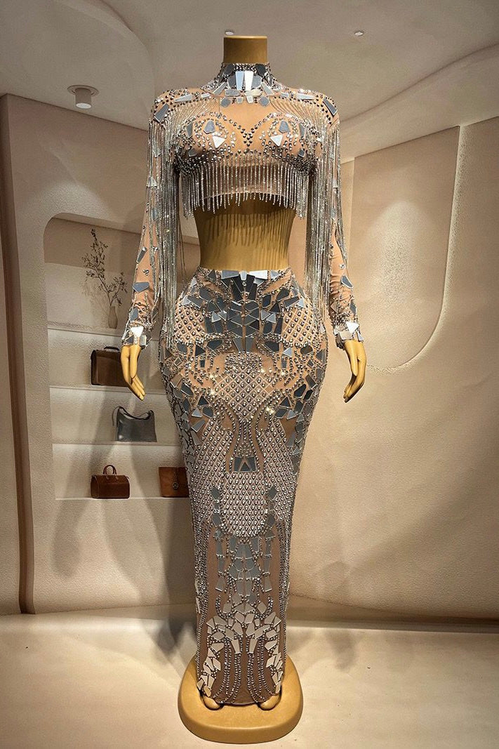 Jessica Bara Sia Crystal Fringe Long Sleeve Top and Maxi Skirt Two Pie ...