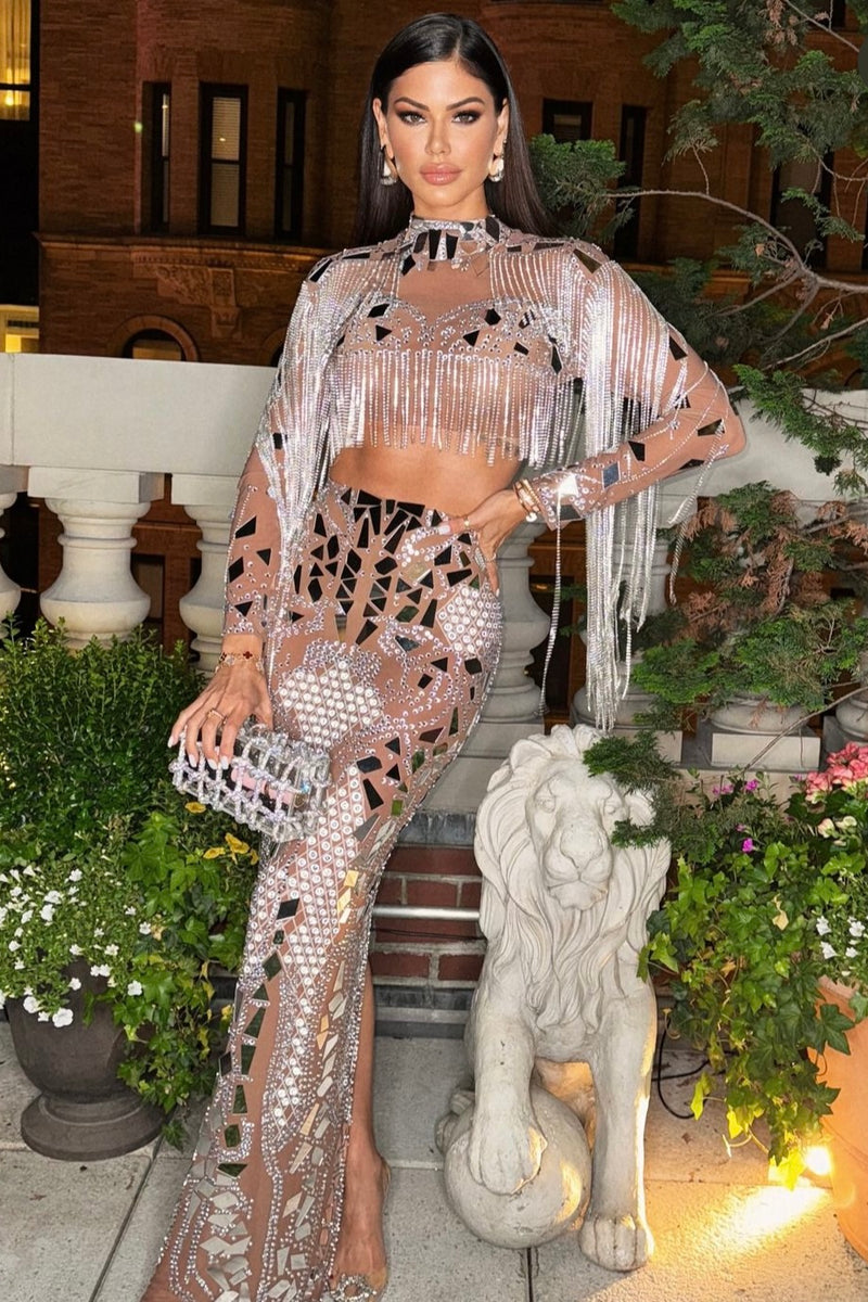 Jessica Bara Sia Crystal Fringe Long Sleeve Top and Maxi Skirt Two Pie ...